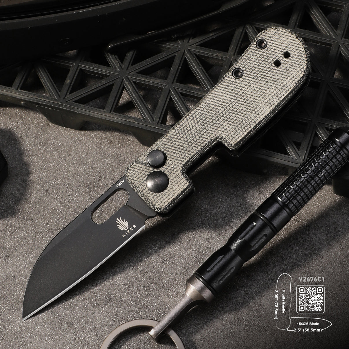 Kizer Banish 2.3" 154CM Black Micarta Button-Lock Folding Knife by Jac ...