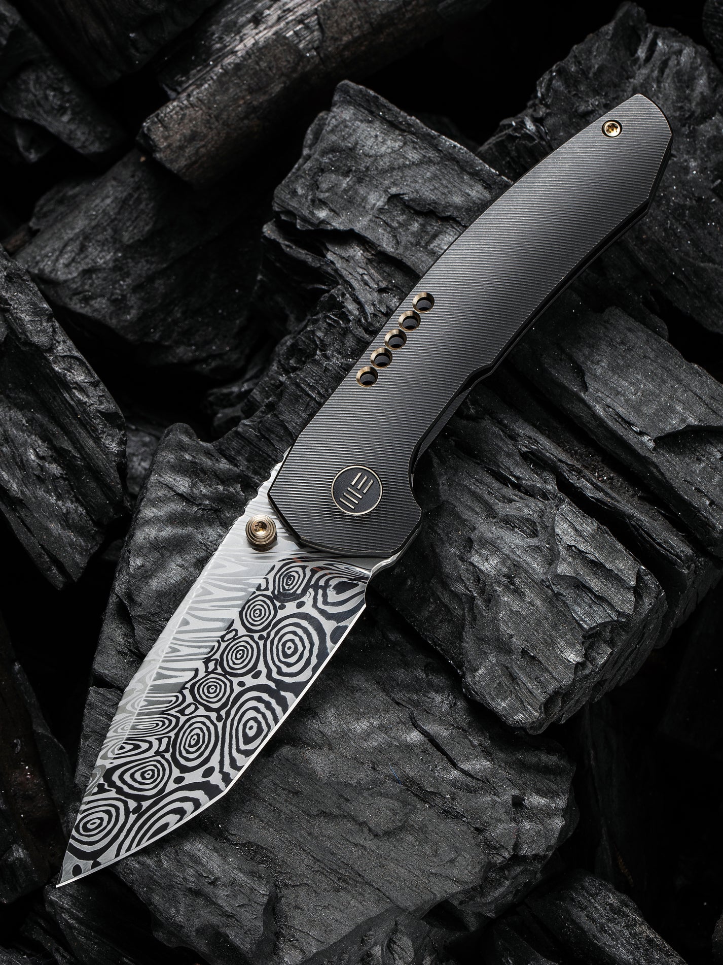 WE Trogon 3.2" Heimskringla Damasteel Black Titanium Folding Knife by ...